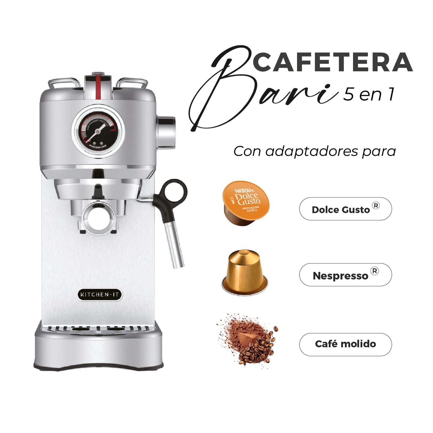 Cafetera Espresso Bari 5 en 1 para Cafe Molido y Capsulas – Kitchen-It