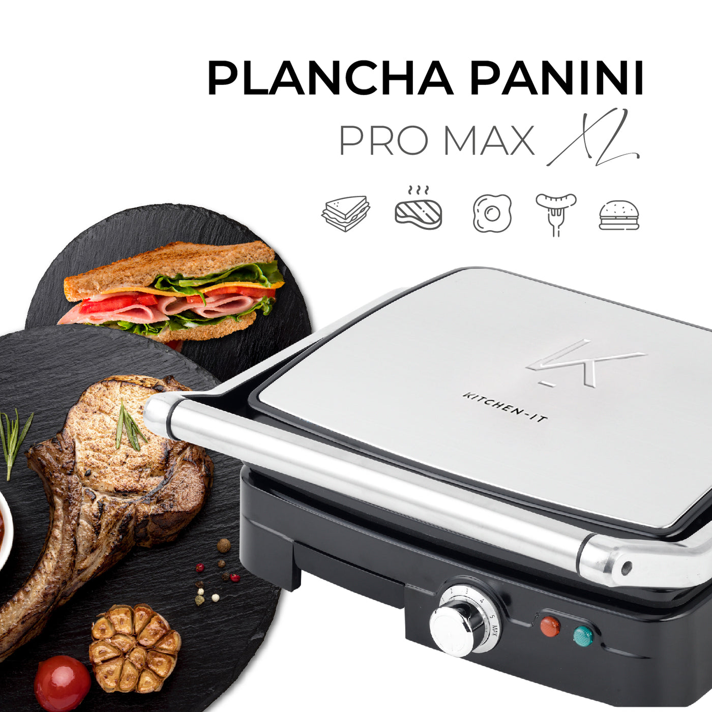 Plancha Panini Pro Max XL, Parrilla plana 2000W – Kitchen-It